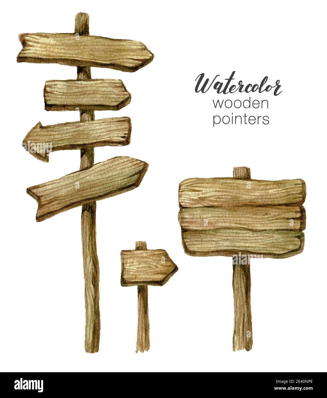 Watercolor wooden sign boards and arrows set. Handpainted collection ...