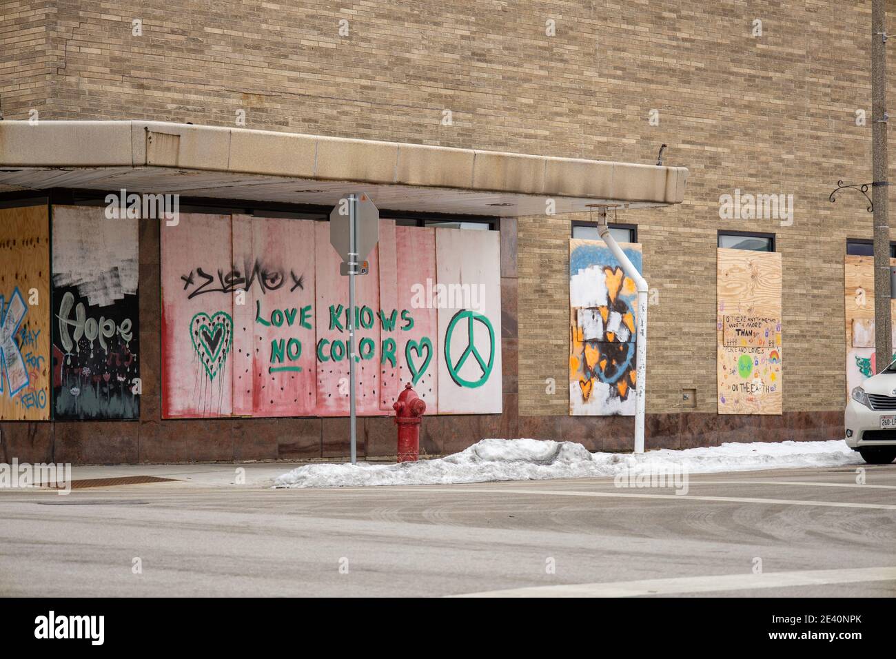 KENOSHA, UNITED STATES - Jan 18, 2021: Windows and doors boarded up in ...