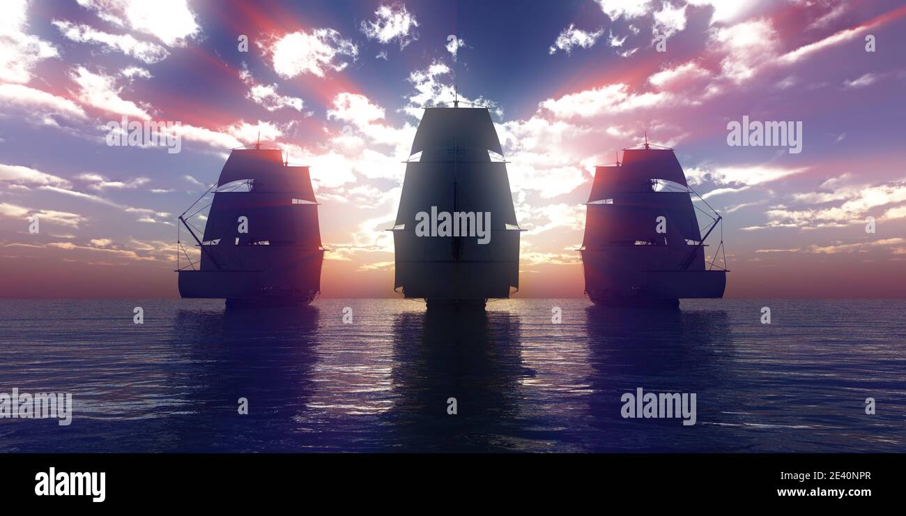 old three ships sunset at sea, 3d rendering illustration Stock Photo ...