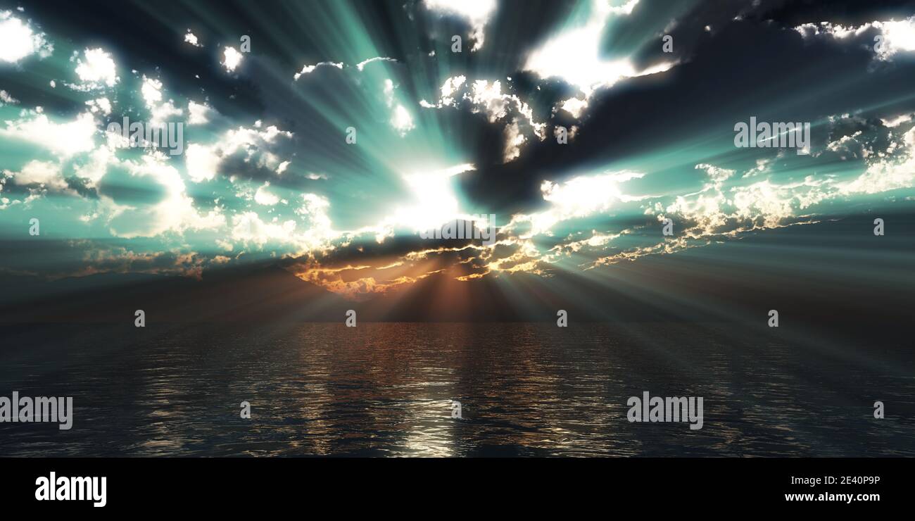 sunset sea sun ray clouds, 3d rendering illustration Stock Photo - Alamy