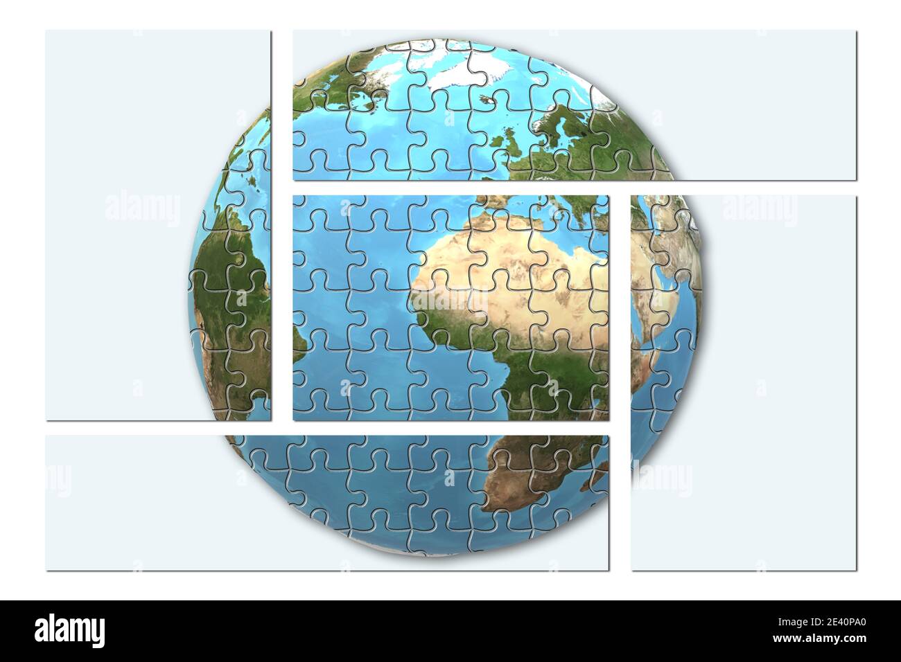 Save the World Planet. Globe divided on 5 parts on blue background ...