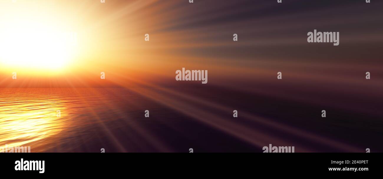 sunset sea sun ray clear sky, 3d rendering illustration Stock Photo - Alamy