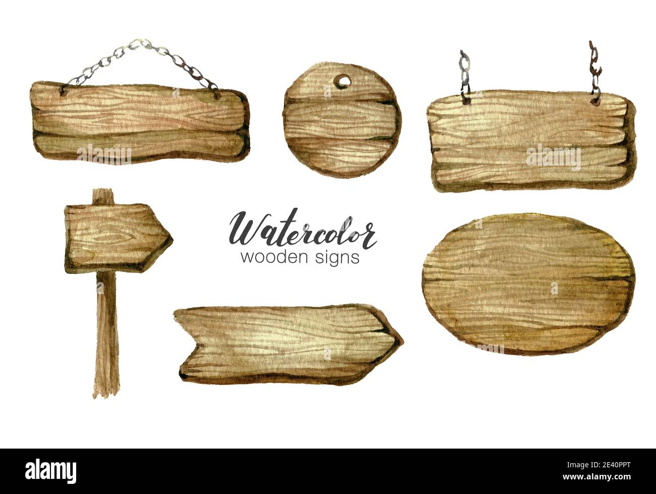 Watercolor wooden sign boards and arrows set. Handpainted collection ...