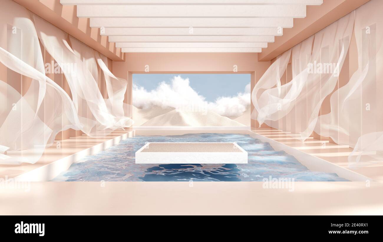 3d render abstract platform podium on water and waving curtains ...