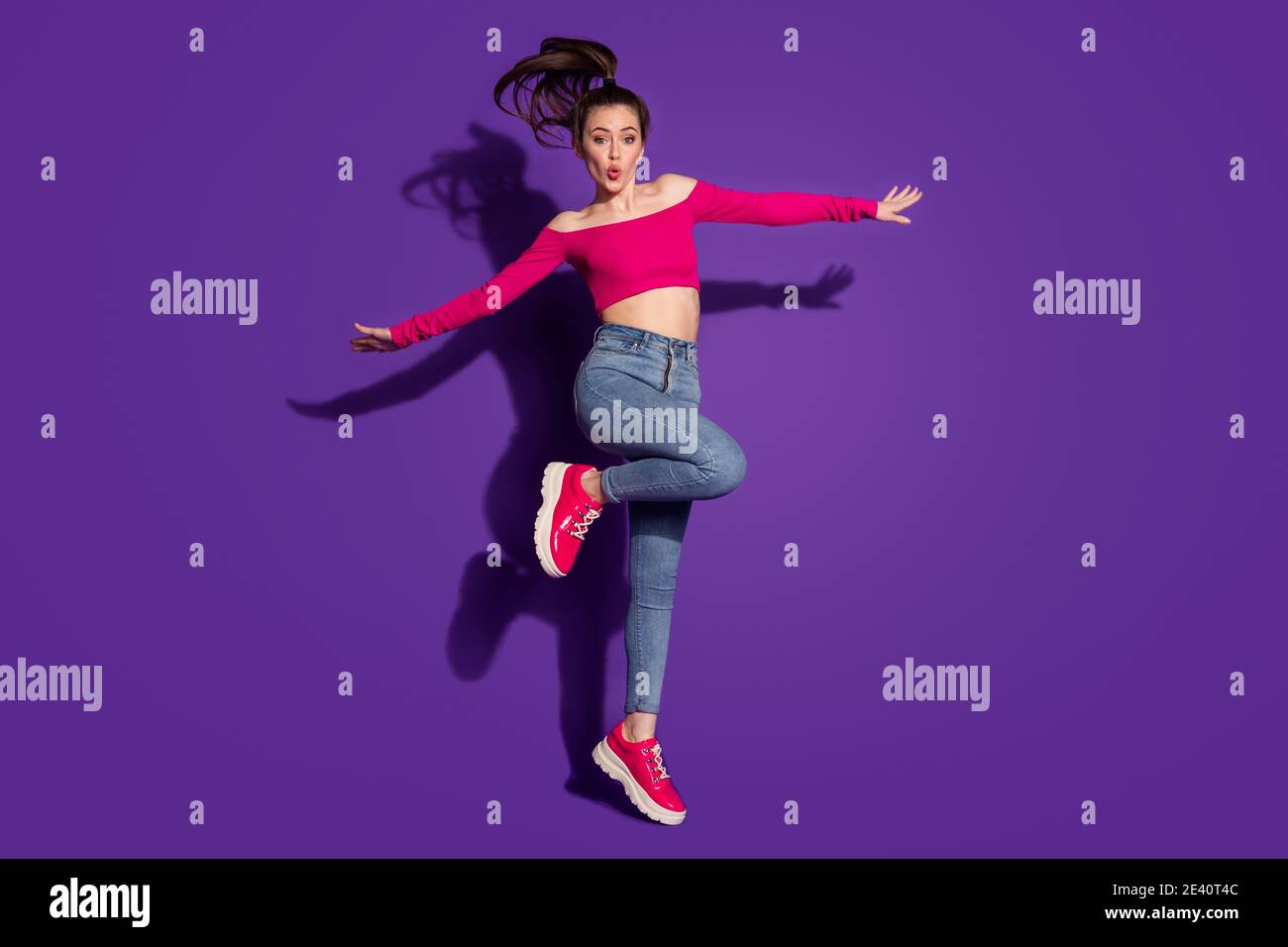 Full length body size view of lovely funky cheery girl having fun ...