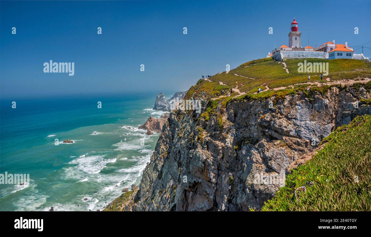 Clear blue sky over cabo da roca lighthouse hi-res stock photography ...