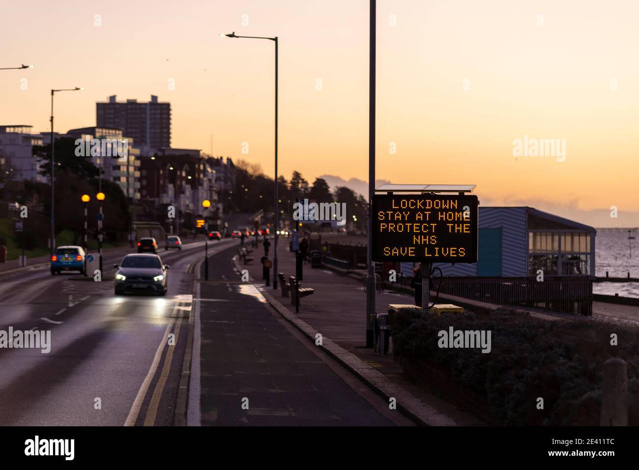 COVID 19, Coronavirus warning sign on the approach to Southend on Sea ...