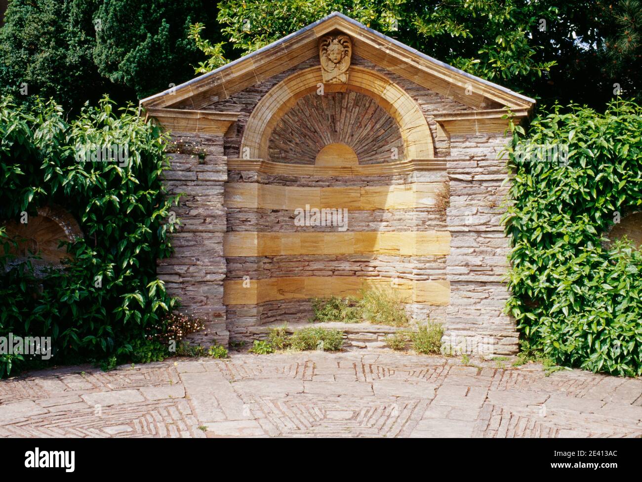 Edwardian arts & crafts garden, niched arbour, banded with two colours ...
