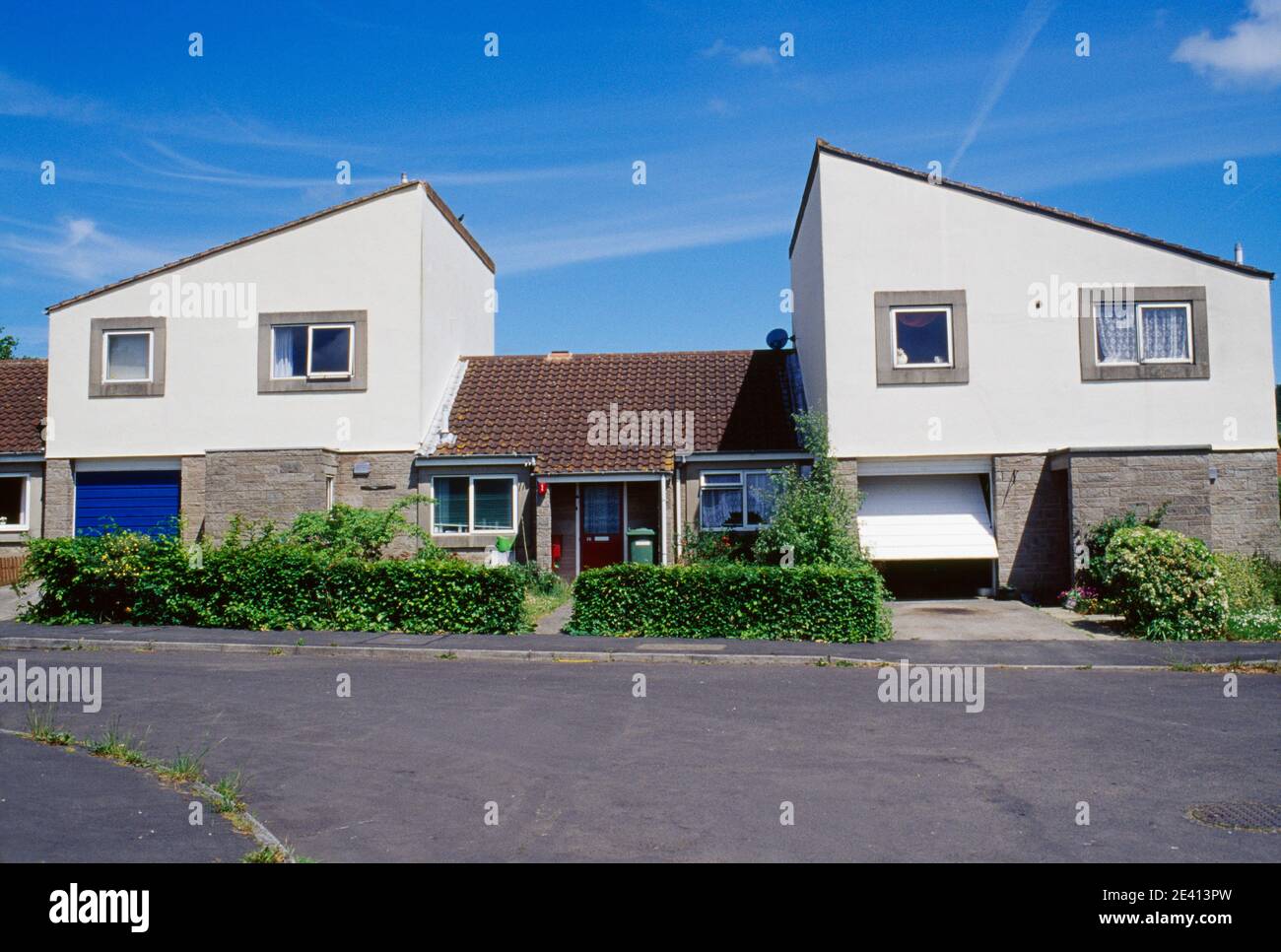 Monopitch roof houses, small village development, 1960s integral ...
