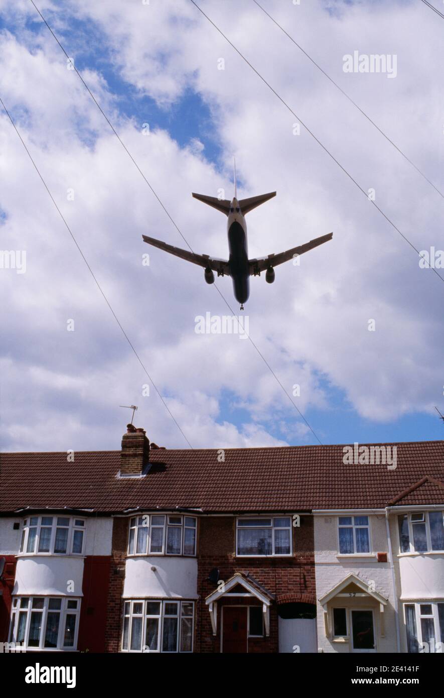 Heathrow airport, housing in flight path of terminal 4, terrace of ...