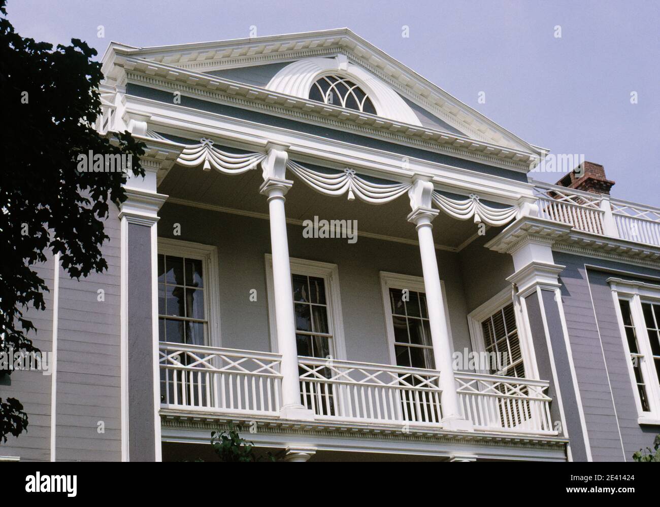 Federal mansion details of carved wood pediment & portico with swags of ...