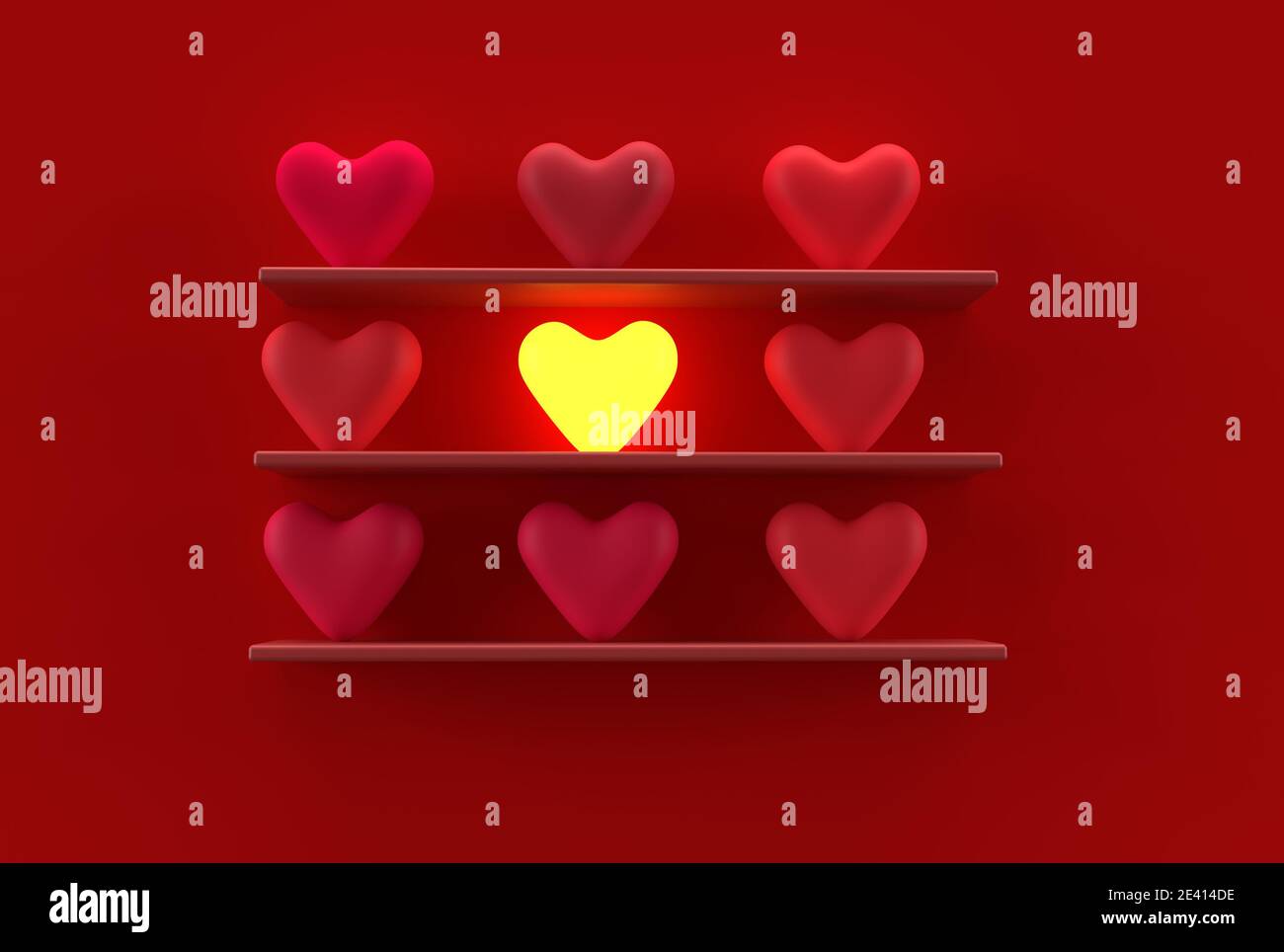 A middle luminous heart surrounded by red hearts. 3d rendering ...