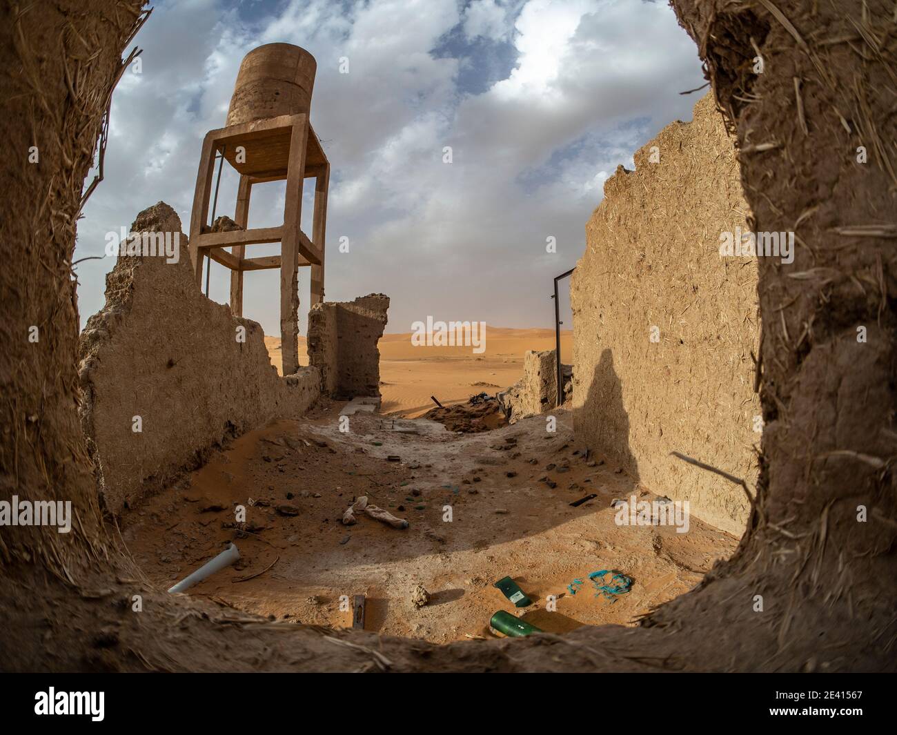 Water tanks in the ruins of a building in the Sahara desert of Morocco ...