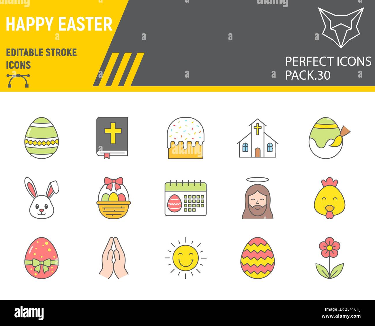 Happy Easter color line icon set, holiday collection, vector graphics ...
