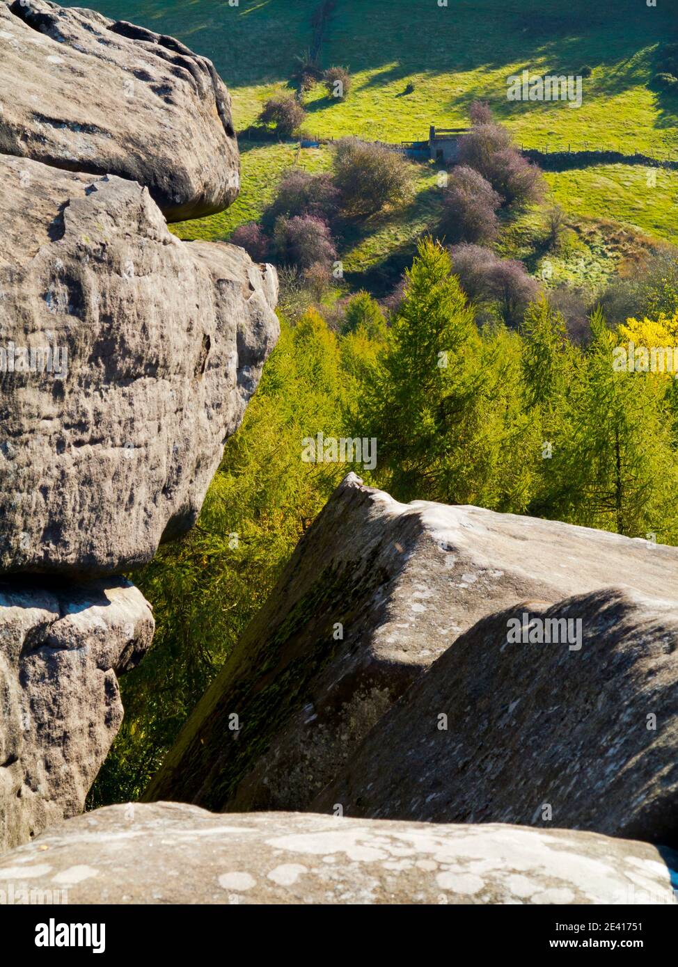View across countryside in autumn from Cratcliffe Rocks near Birchover ...