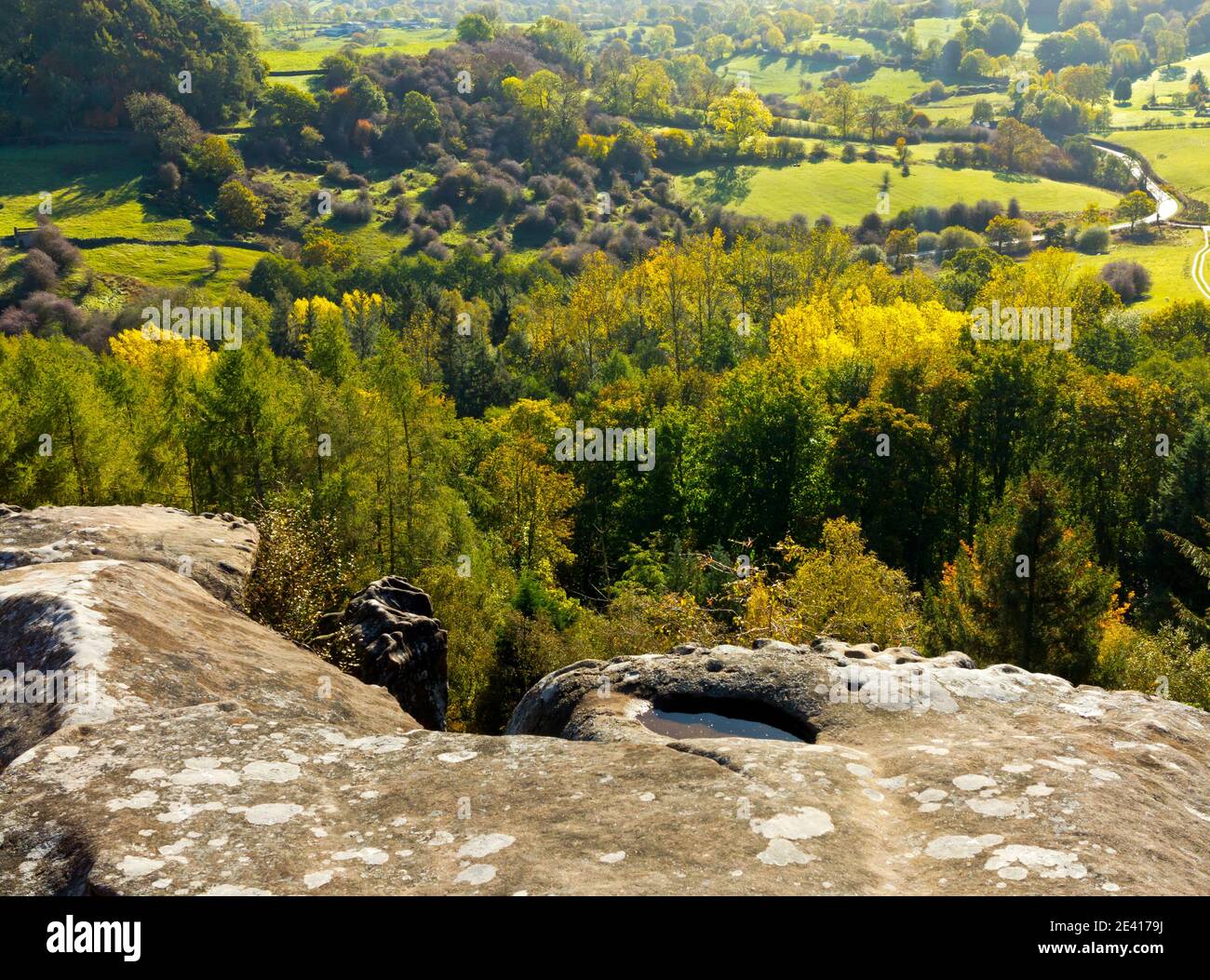 View across countryside in autumn from Cratcliffe Rocks near Birchover ...
