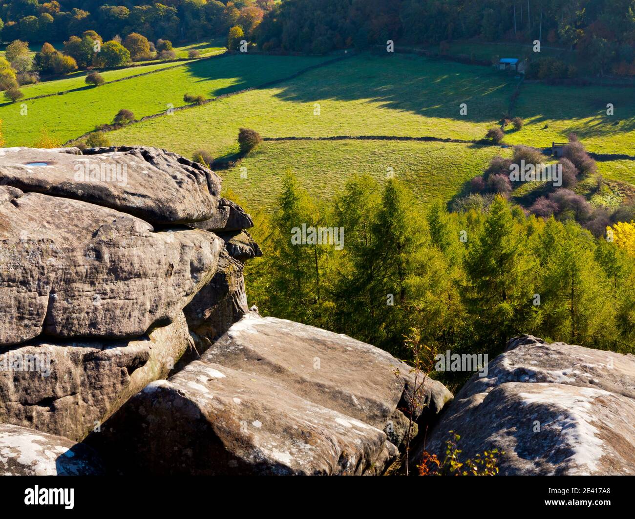 View across countryside in autumn from Cratcliffe Rocks near Birchover ...