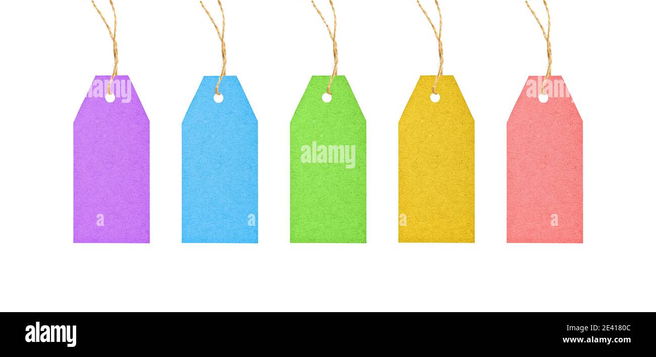 Set of colorful multicolor blank paper label tags hanging on twine ...
