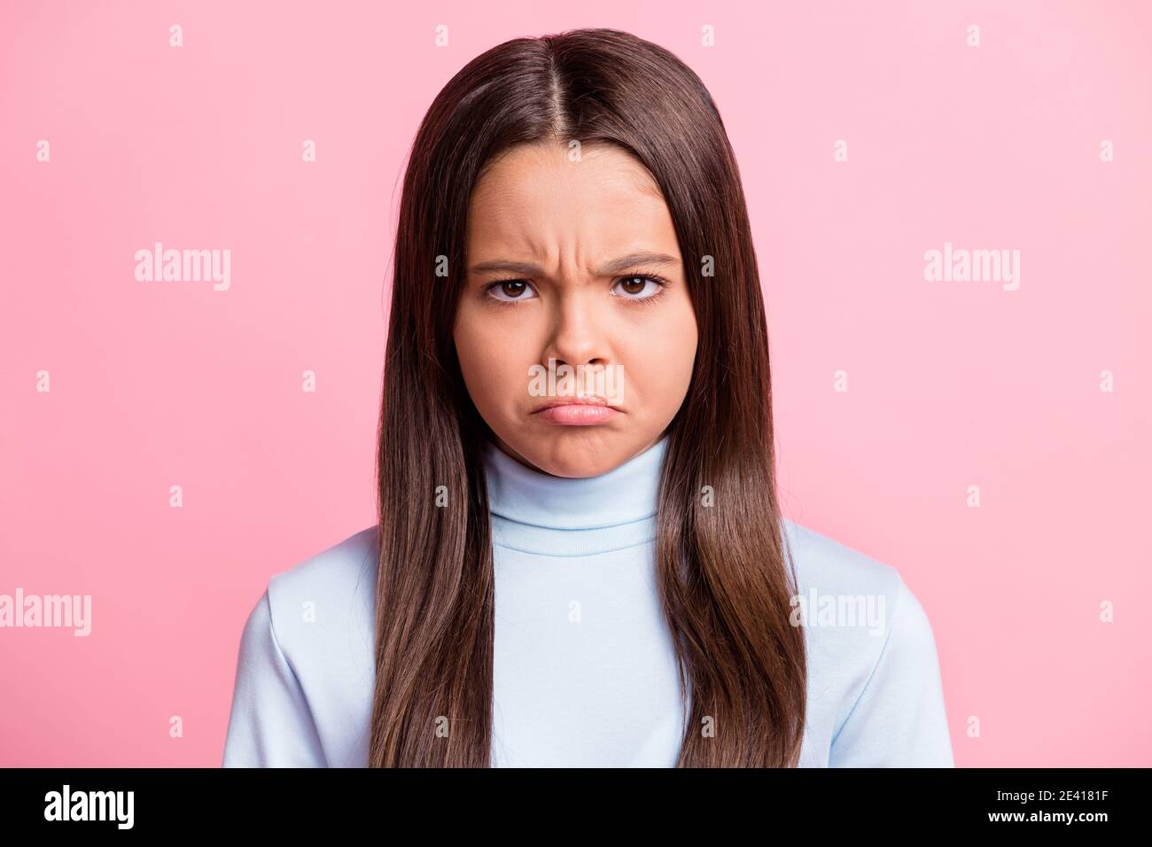 Close up photo of sad sullen brows lips young pupil girl casual outfit ...