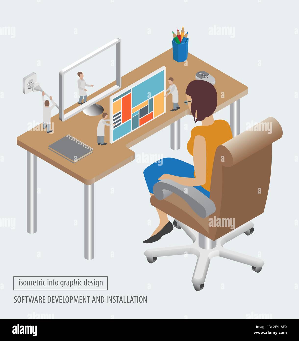Computer technology isometric collection. Software development and installation. Vector ...