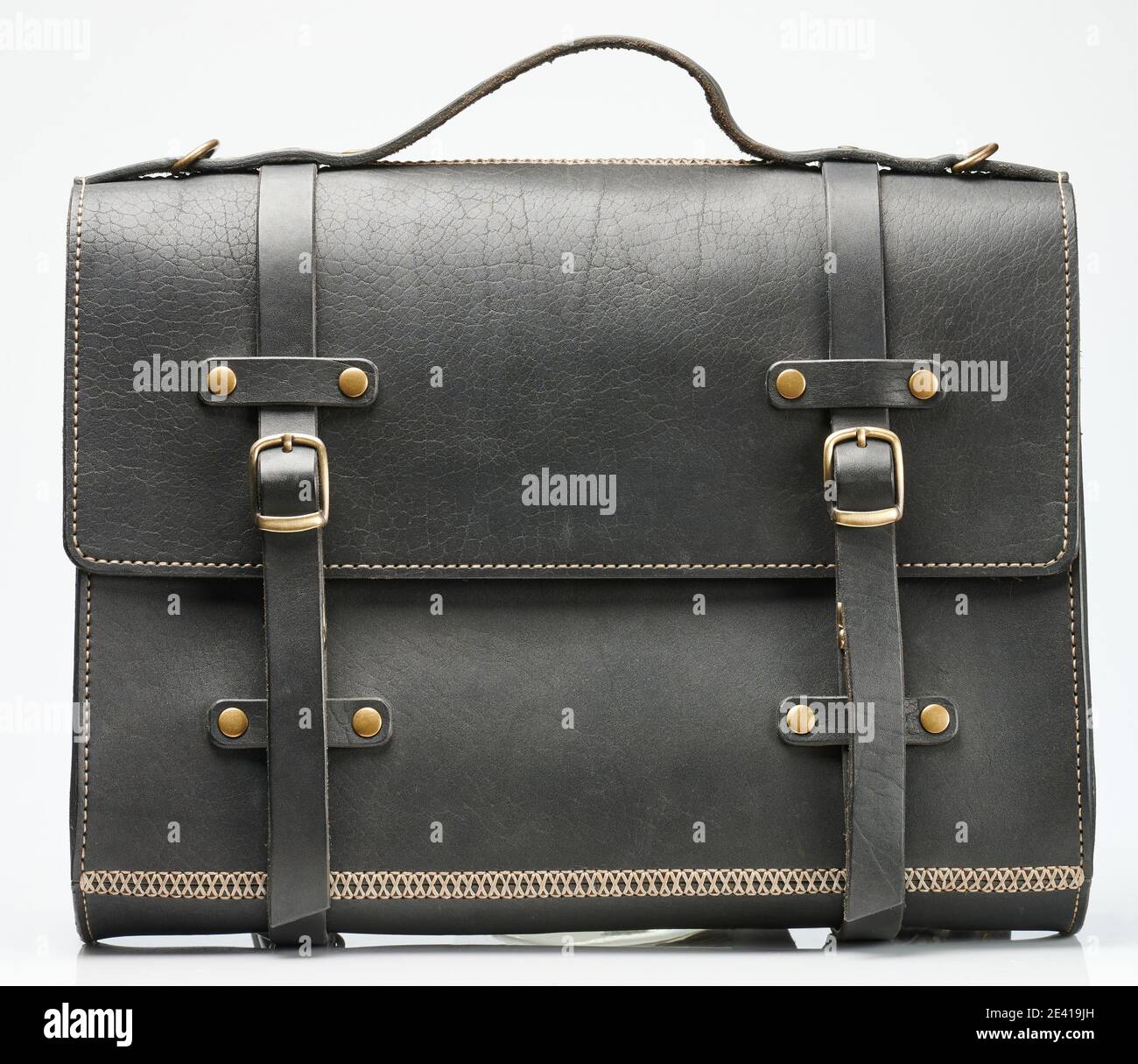 Front view of black leather briefcase isolated on white studio ...