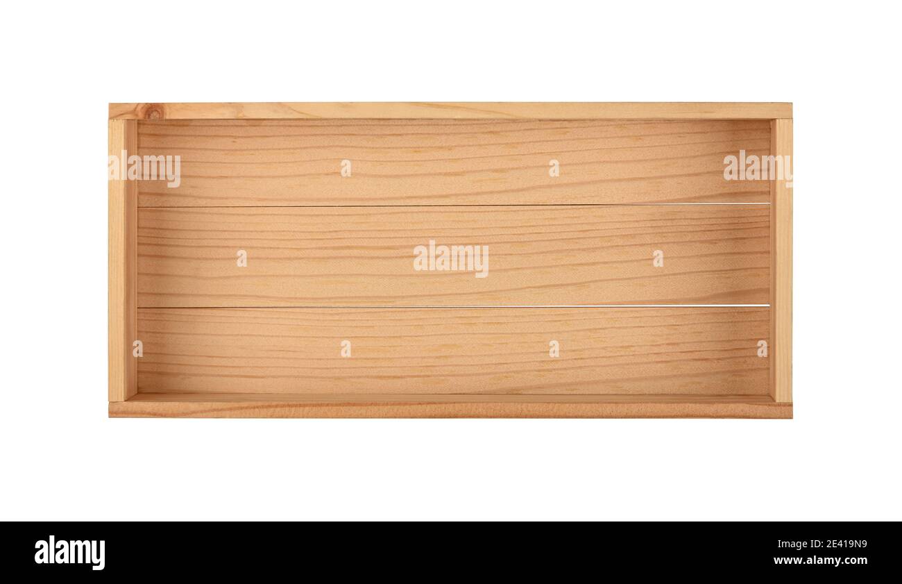 Close up one empty brown wooden box isolated on white background ...