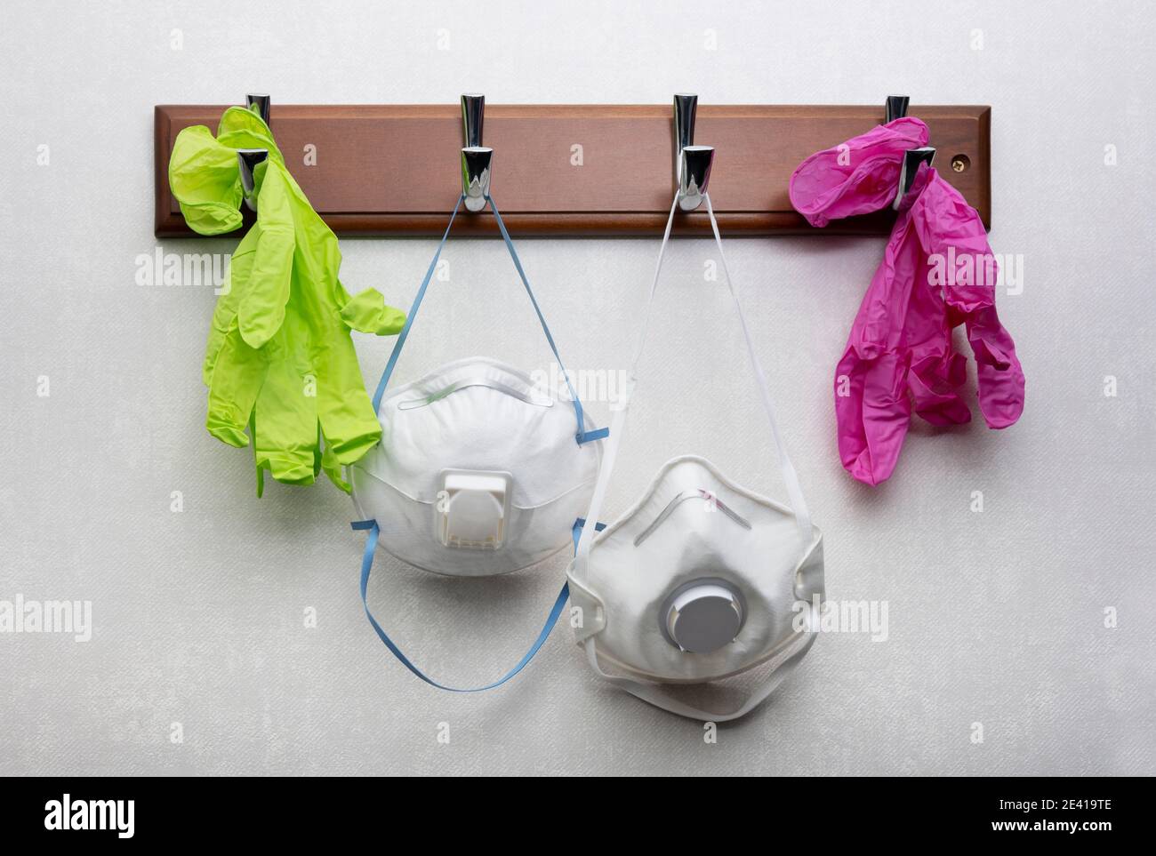 Close up white disposable facepiece respirator masks with exhalation ...