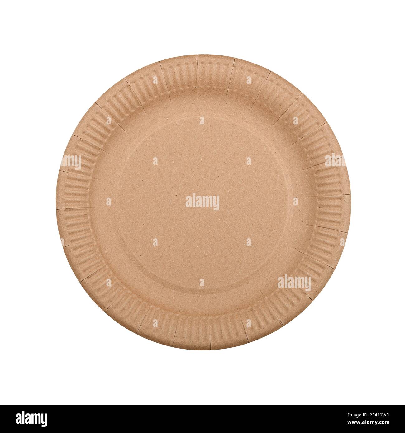 Close up one round disposable brown paper plate isolated on white ...
