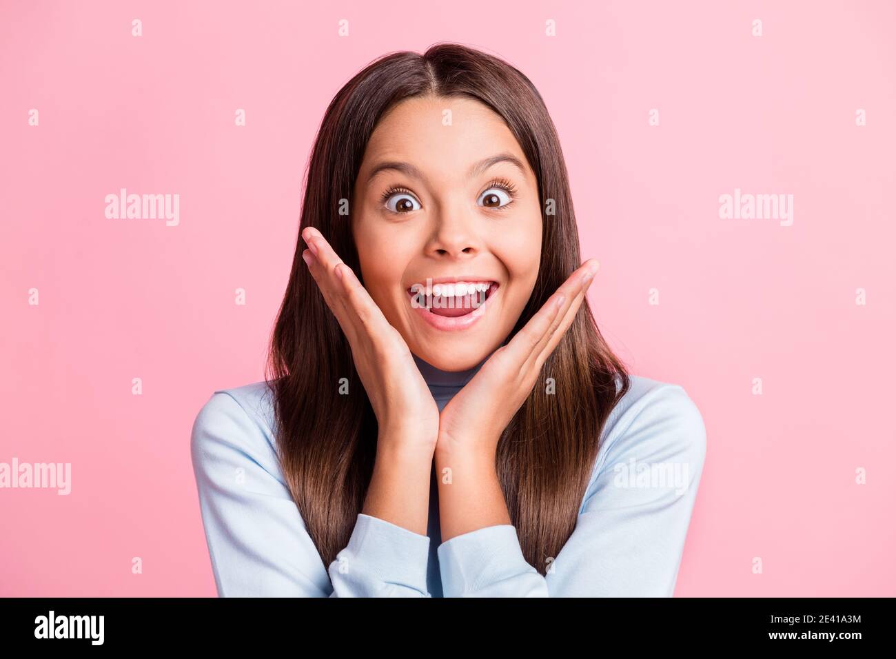 Photo of charming toothy girl amazing reaction wear blue turtleneck ...