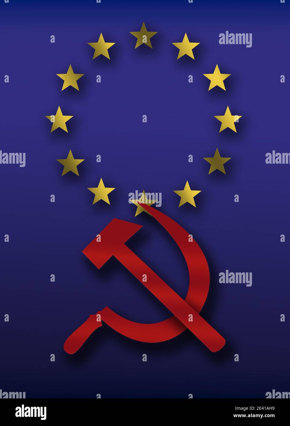 EU circle of gold stars with the Russian hammer and sickle on a dark blue background Stock Photo ...