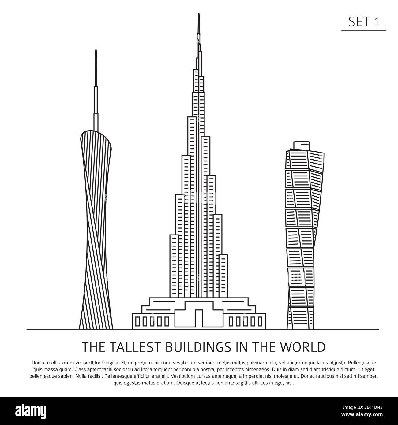 The tallest buildings in the world. Skyscrapers simple line icon set ...