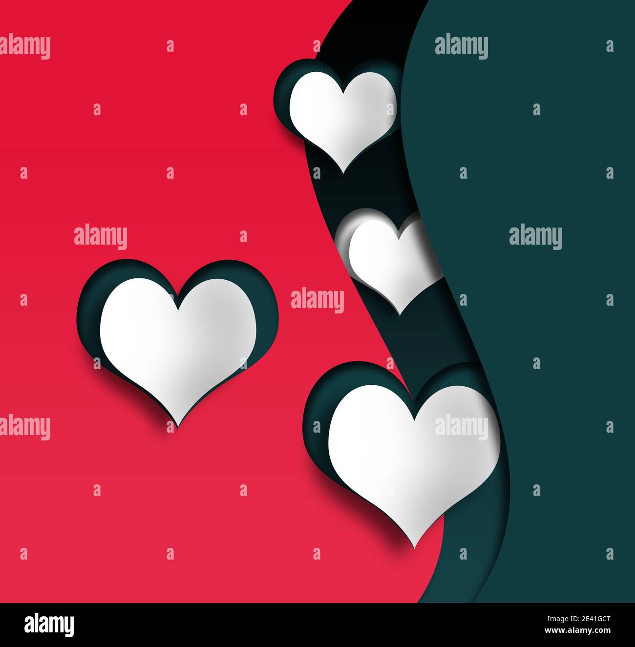 Modern love cad with hearts. Paper heart on red green background. 3D ...