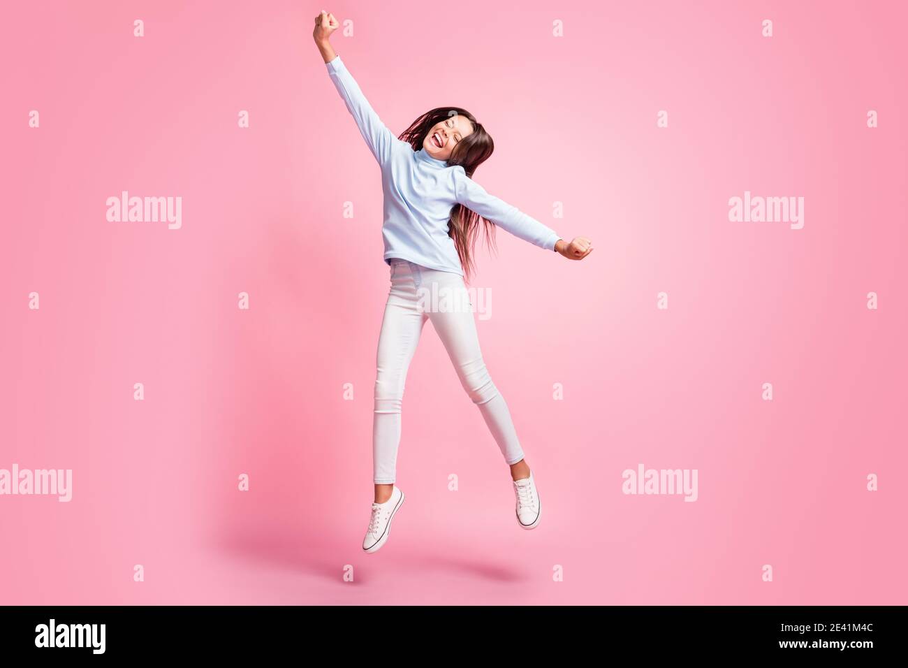 Full length body size view of pretty glad cheerful girl jumping dancing ...