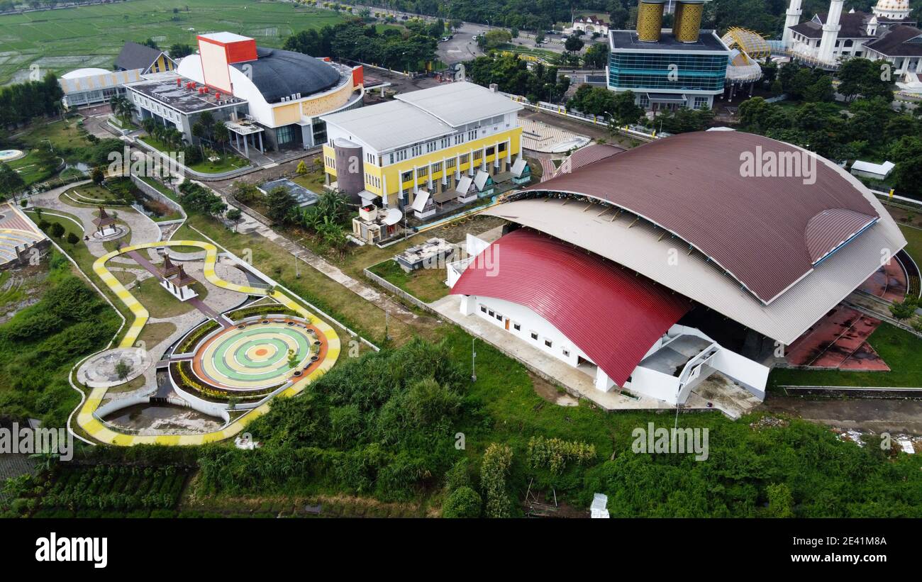 Aerial view of sport arena and mosque in Bandung, Indonesia and noise ...