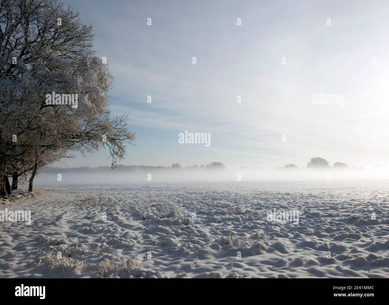 Misty snow covered landscape on a cold crisp mid-winter day in ...