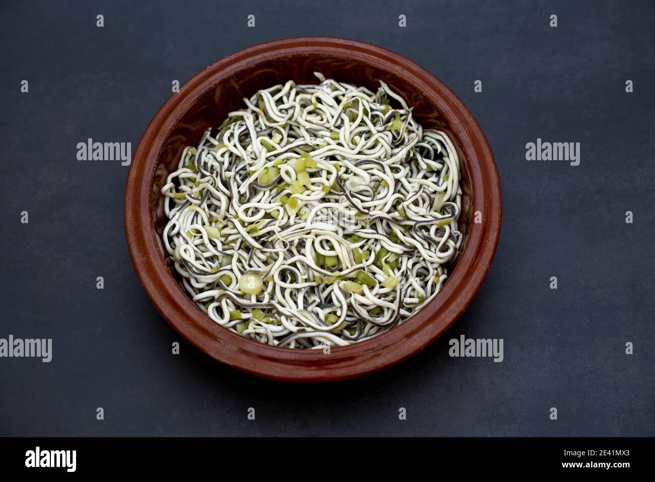 Top view of a plate of delicious elvers, traditional Spanish food Stock ...