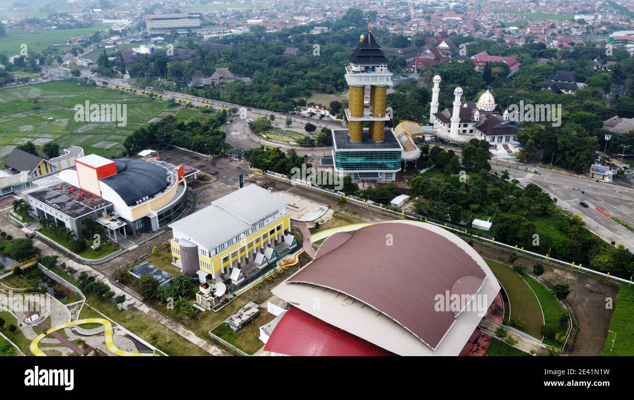 Aerial view of sport arena and mosque in Bandung, Indonesia and noise ...