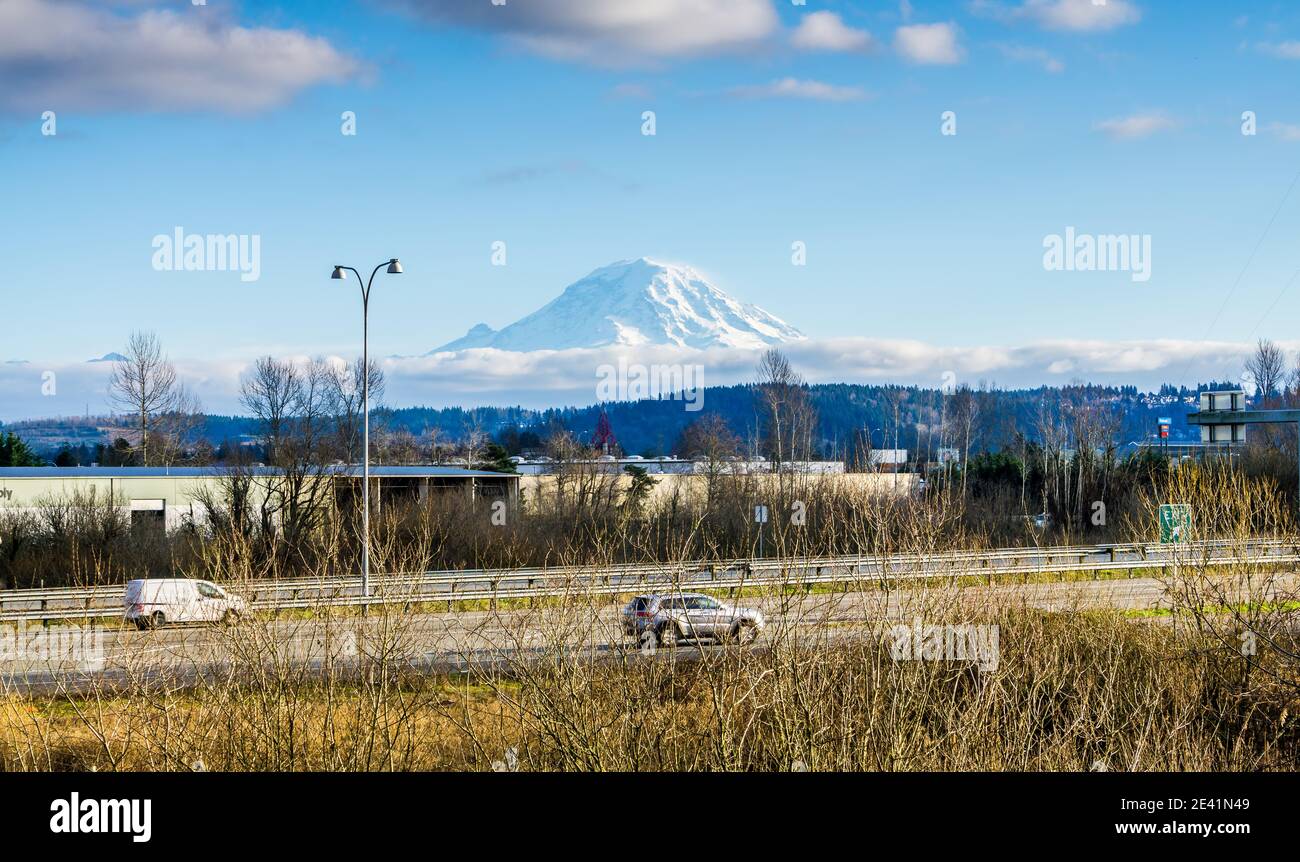 A view of a freeway with Mount Rainier in the distance in Auburn ...