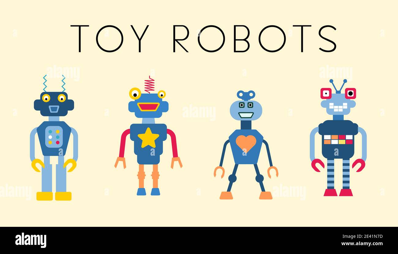 Vintage toy robots vector collection. Retro style cute robot character ...