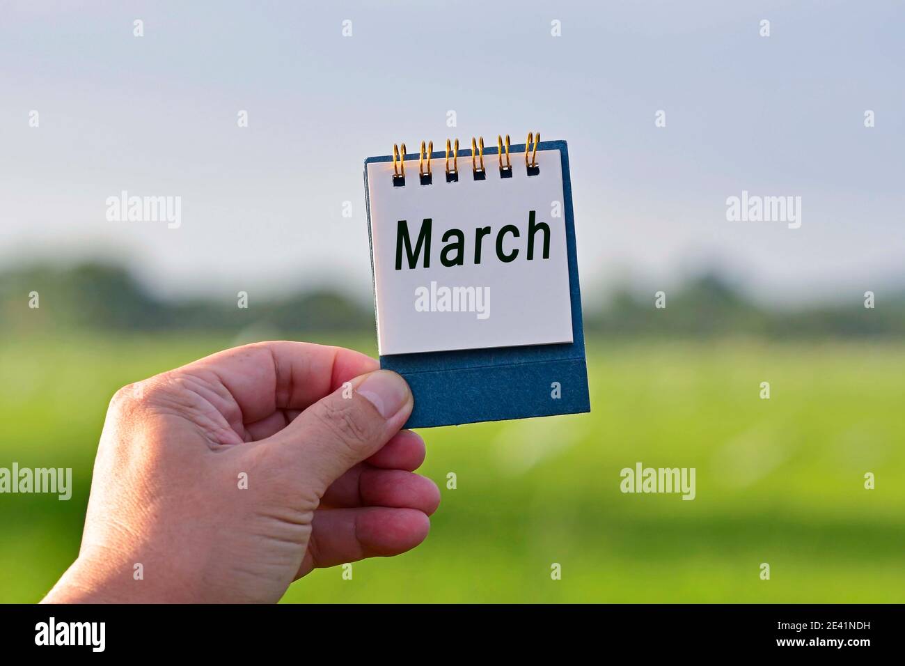 Hands Holding A Notepad With March Text Written And Blurred Green ...