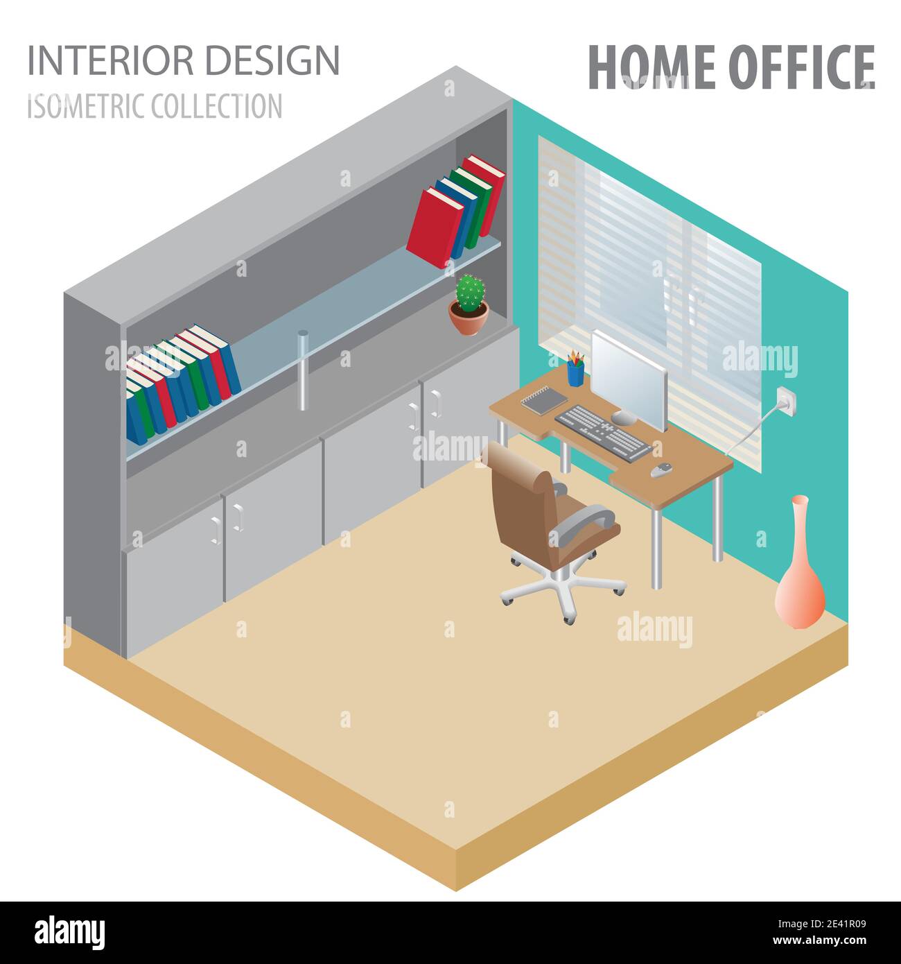 3d isometry interior design collection. Home office. Vector illustration Stock Vector Image ...