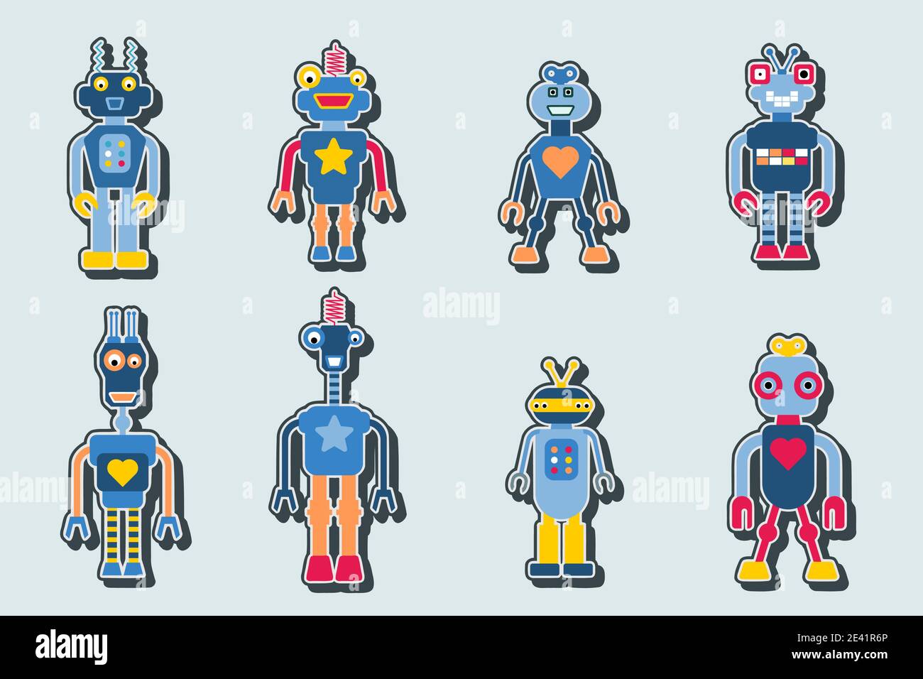 Robot vector sticker collection. Cute retro toy robots illustration set ...