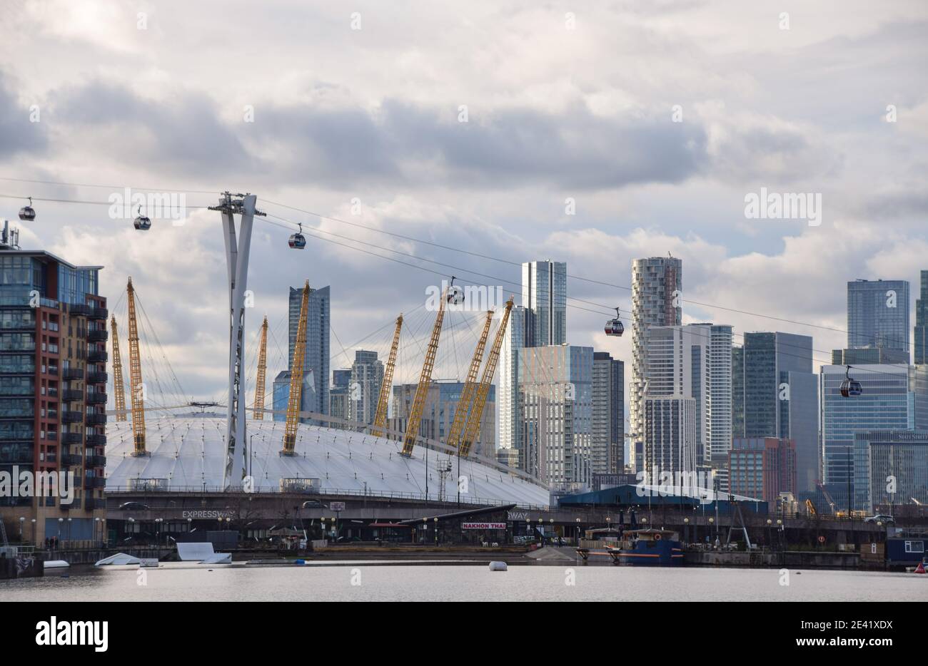 The O2 arena and Canary Wharf skyline, London, United Kingdom Stock ...