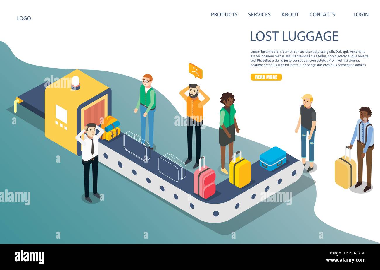 Lost baggage vector website landing page template. Isometric travelers ...