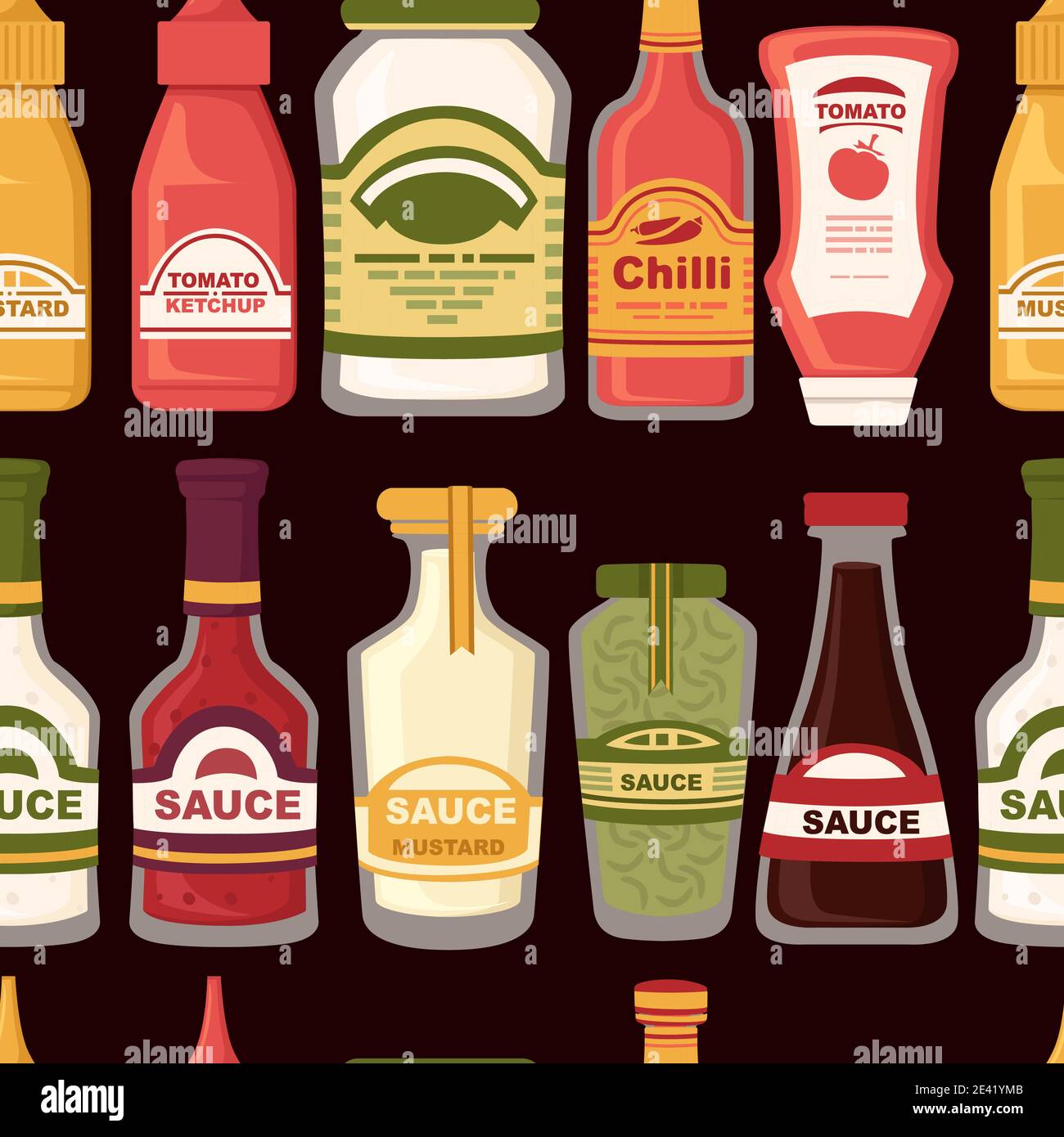 Seamless pattern of different sauces in glass bottles mayonnaise ...