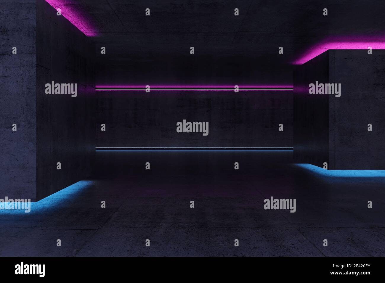 Abstract dark concrete room interior background, with colorful neon ...