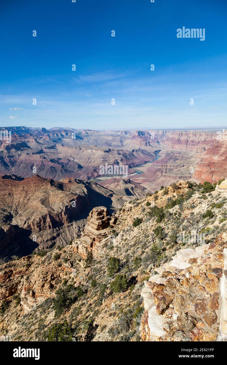 Looking from the Desert View Watchtower into the colorful landscape of ...