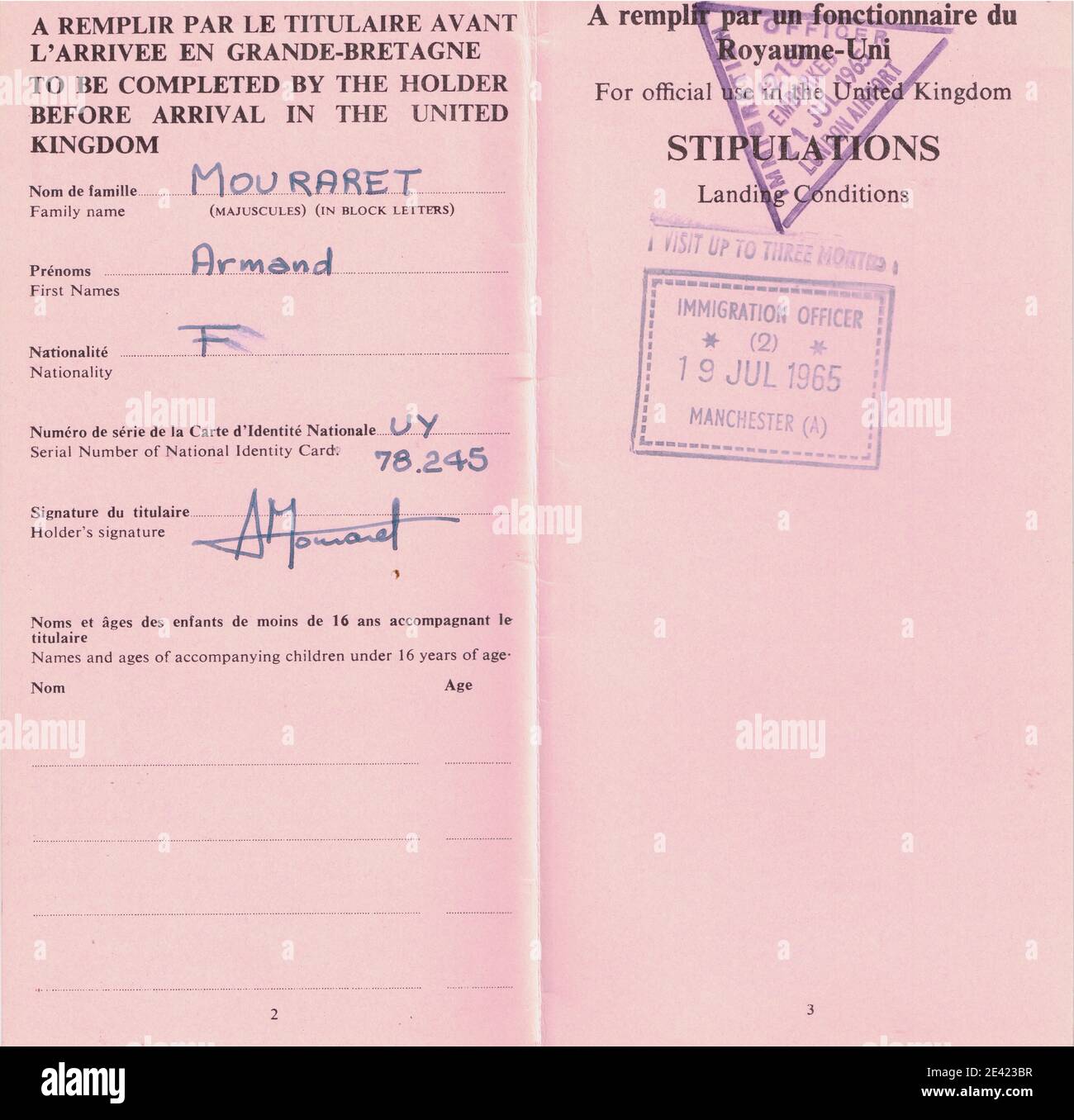 Visitor's Card, Immigration document, England, 1965 Stock Photo - Alamy