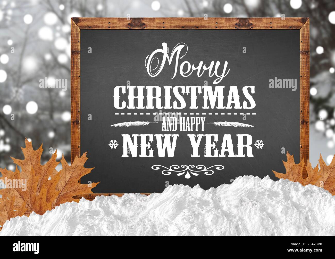 Merry Christmas on blackboard with city forest and snow Stock Photo - Alamy