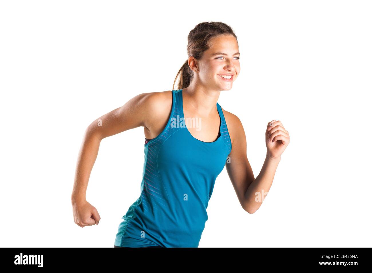 Portrait of a girl running. Female runner isolated on white background ...